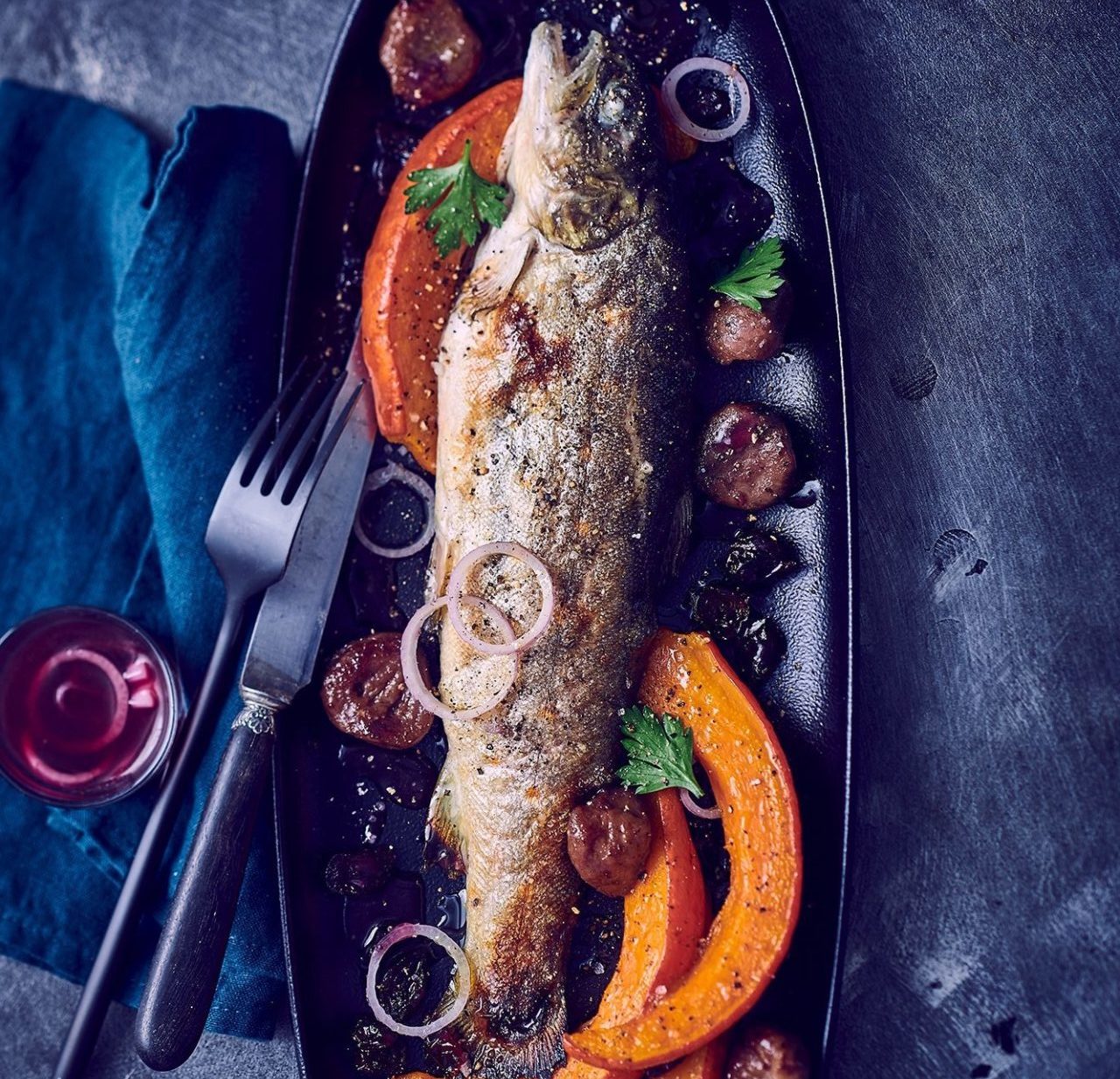 Recette Truite rôtie au potimarron et aux fruits secs